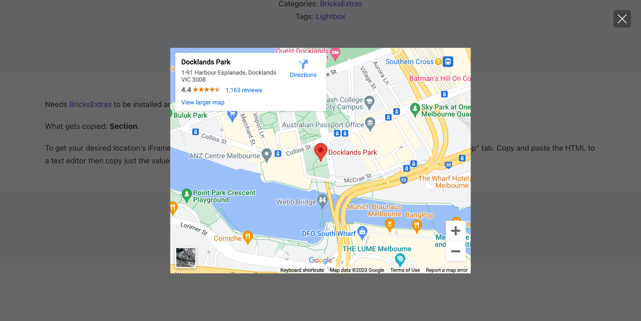 Google Map in Lightbox - Bricks Sections